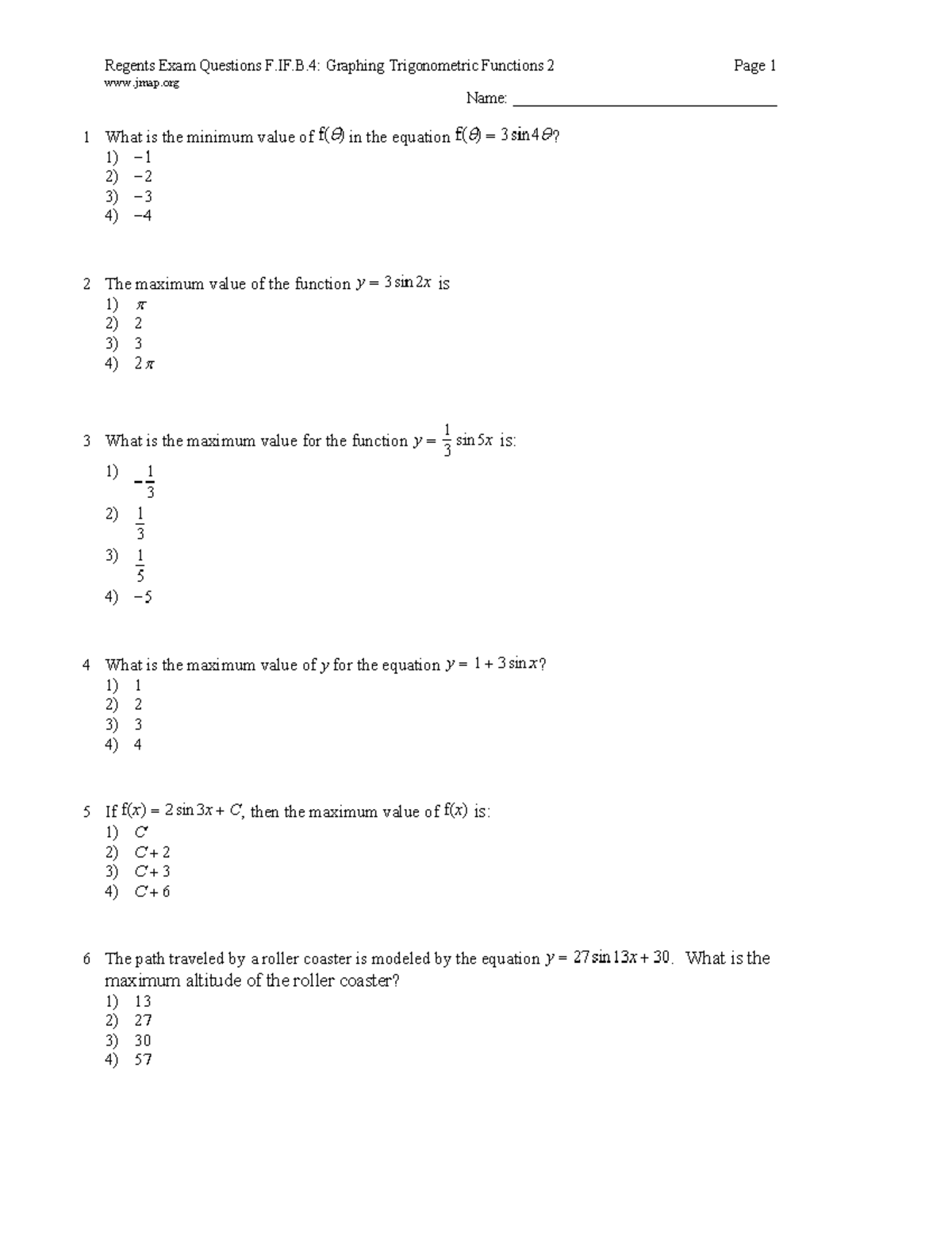 Regents Exam Questions F.IF.B.4: Graphing Trigonometric Functions 2 ...
