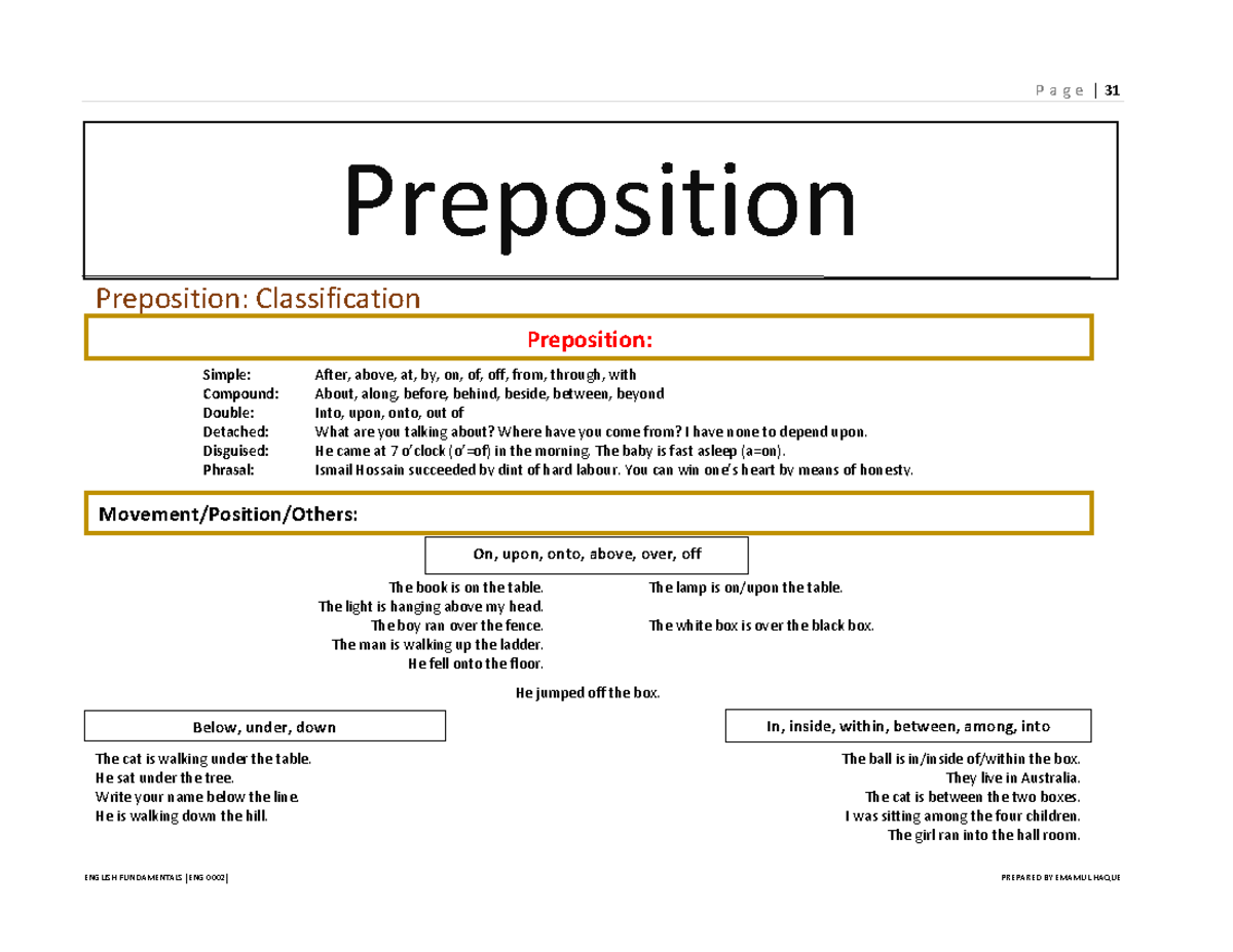 Preposition Classification and Usage - ENG Fundamentals - Studocu