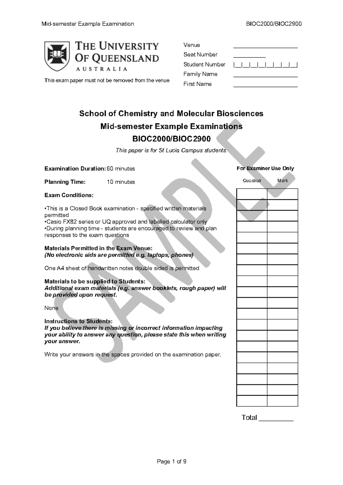 2023 BIOC2000 Mid-semester Exam Sample Paper for St Lucia Students ...