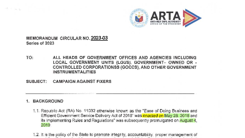 ARTA - MC 2023-03: Guidelines for Anti-Fixing Campaign - Studocu