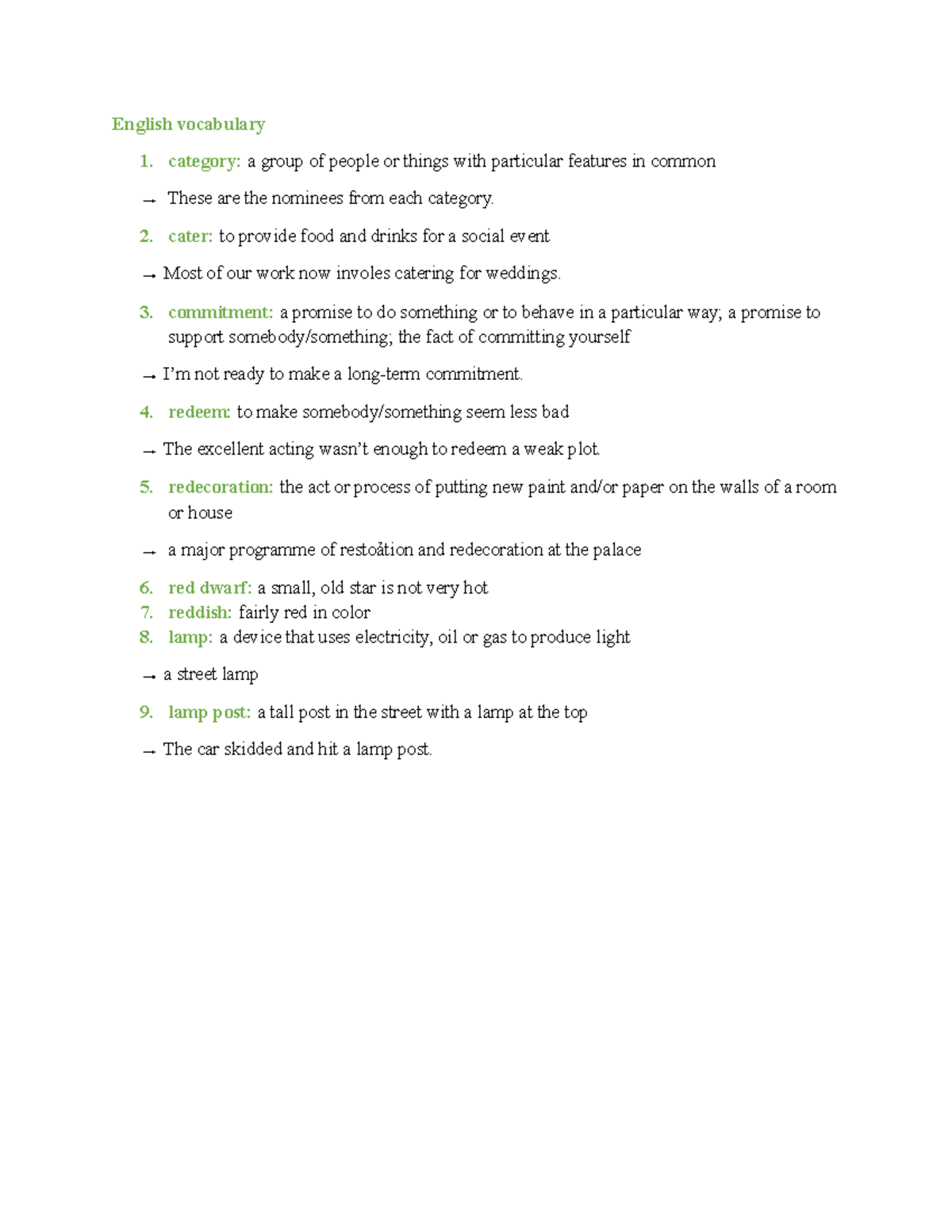 English Vocabulary Notes: Key Terms and Definitions - Studocu