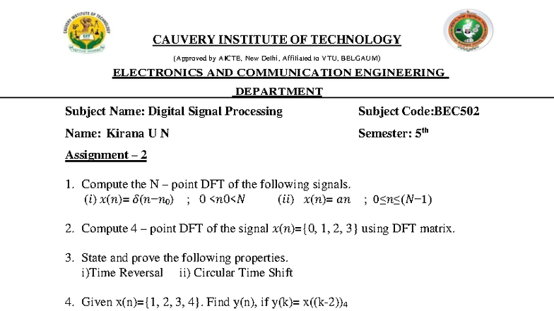 DSP Assignment 2 - DFT Computations and Properties (BEC502) - Studocu