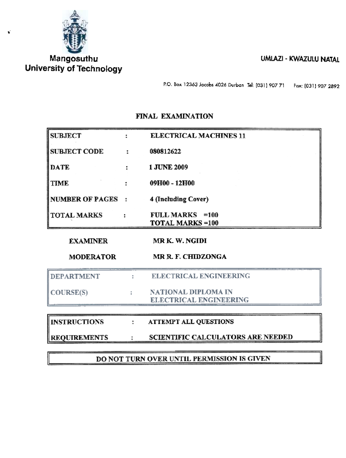 Electrical Machines 11 Final Exam - Subject Code 080812622 - Studocu