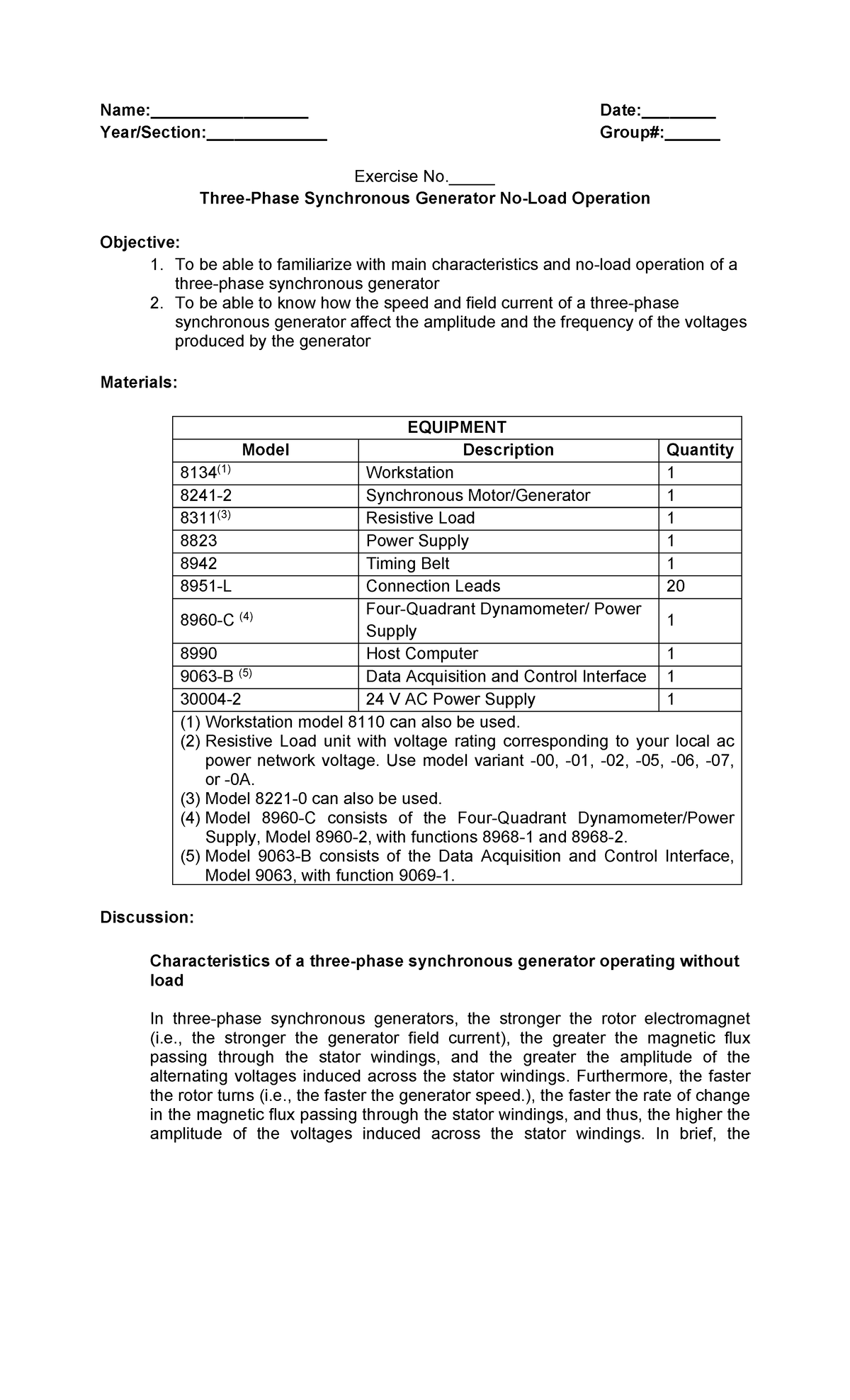 Three-Phase Synchronous Generator No-Load Operation Lab Report - Studocu