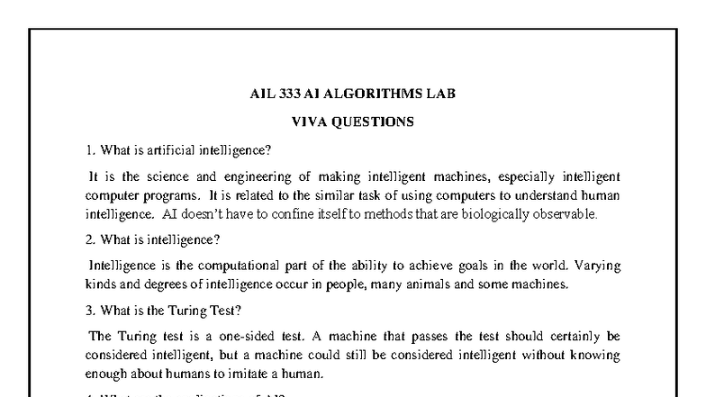 AIL AI Algorithms Lab Viva Questions and Answers - Studocu