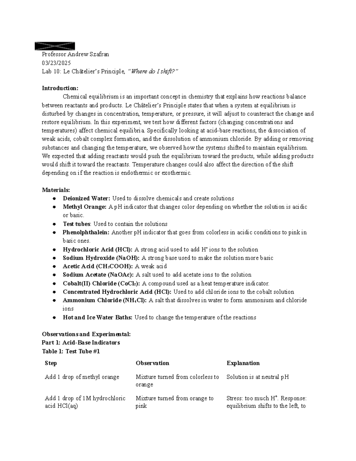 Chem Lab Report 10: Exploring Le Chatelier's Principle in Equilibrium ...