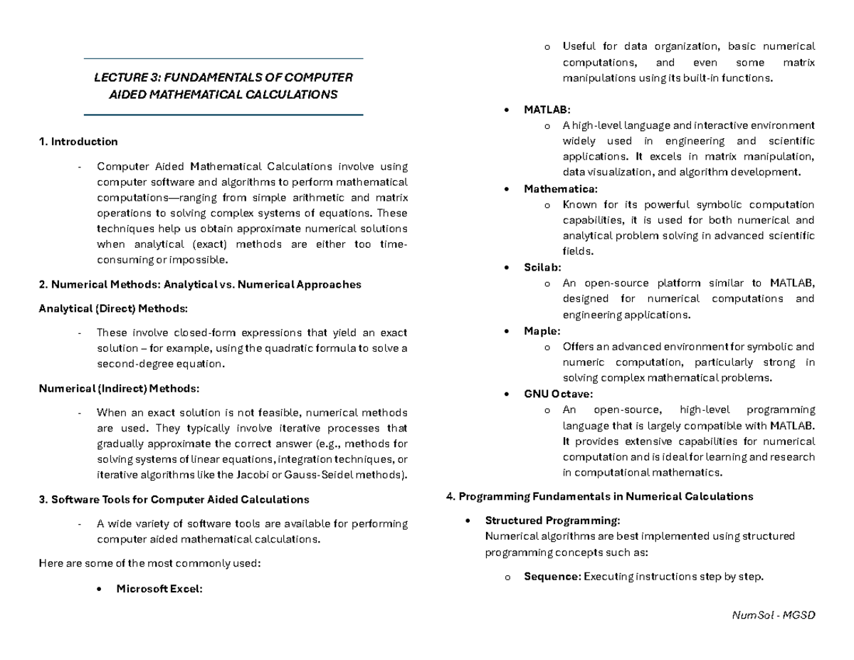 LECTURE 3: FUNDAMENTALS OF COMPUTER AIDED MATH CALCULATIONS (NumSol ...