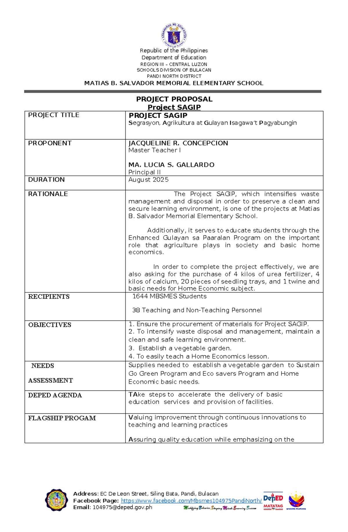 Project Sagip - Budget- Proposal- 2024 - Address: EC De Leon Street ...