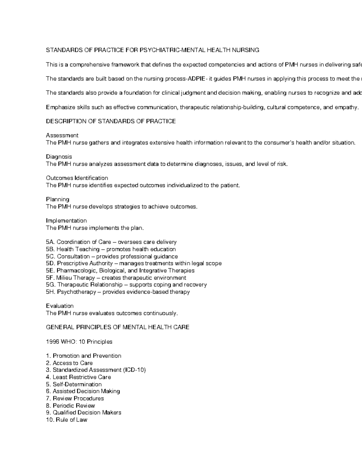Unit 1: Standards of Practice for PMH Nursing - Studocu