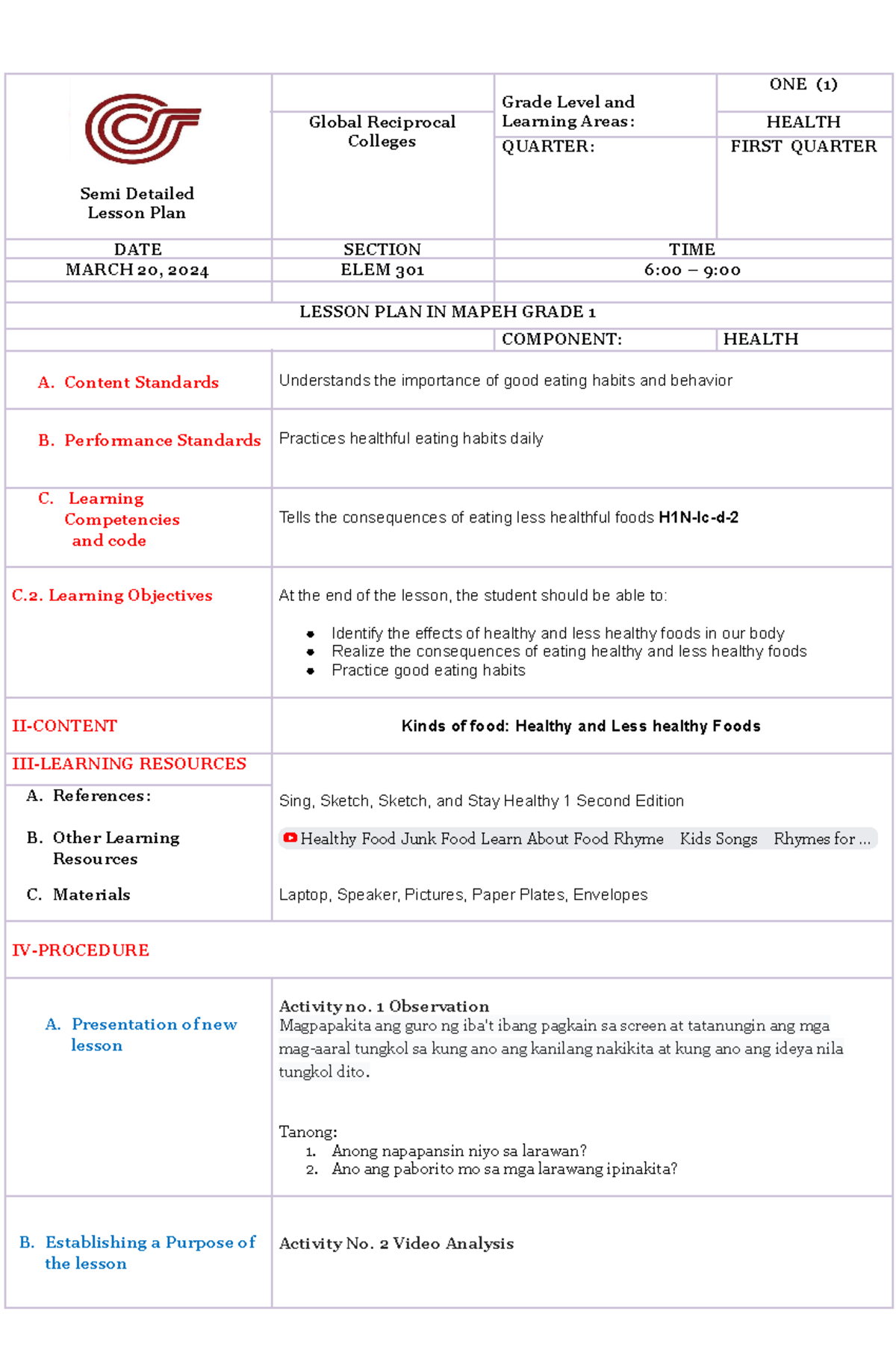 Health Final Lesson Plan for Grade 1 (HEALTH 1) - Beryl - Studocu