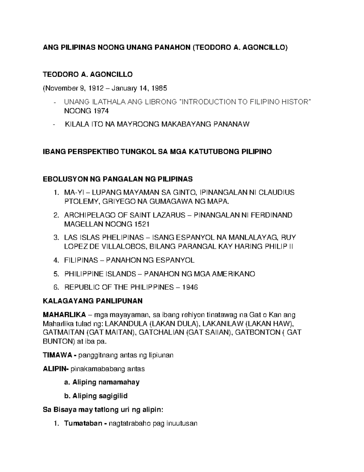 ANG PILIPINAS NOONG UNANG PANAHON: ISANG PAGSUSURI NI AGONCILLO - Studocu