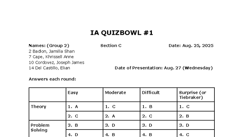 IA Quizbowl Section C - Group 2: Answers & Problem Solving - Studocu