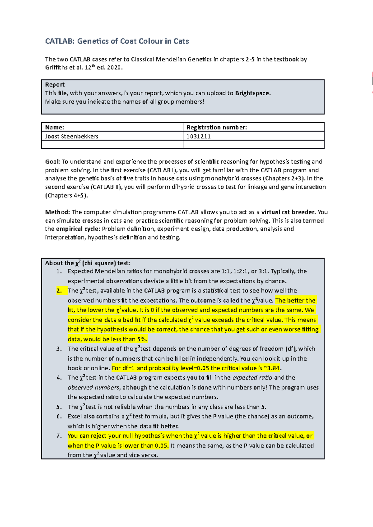 CATLAB II 2020-2021 Final Practicum on Cat Genetics of Coat Colour ...