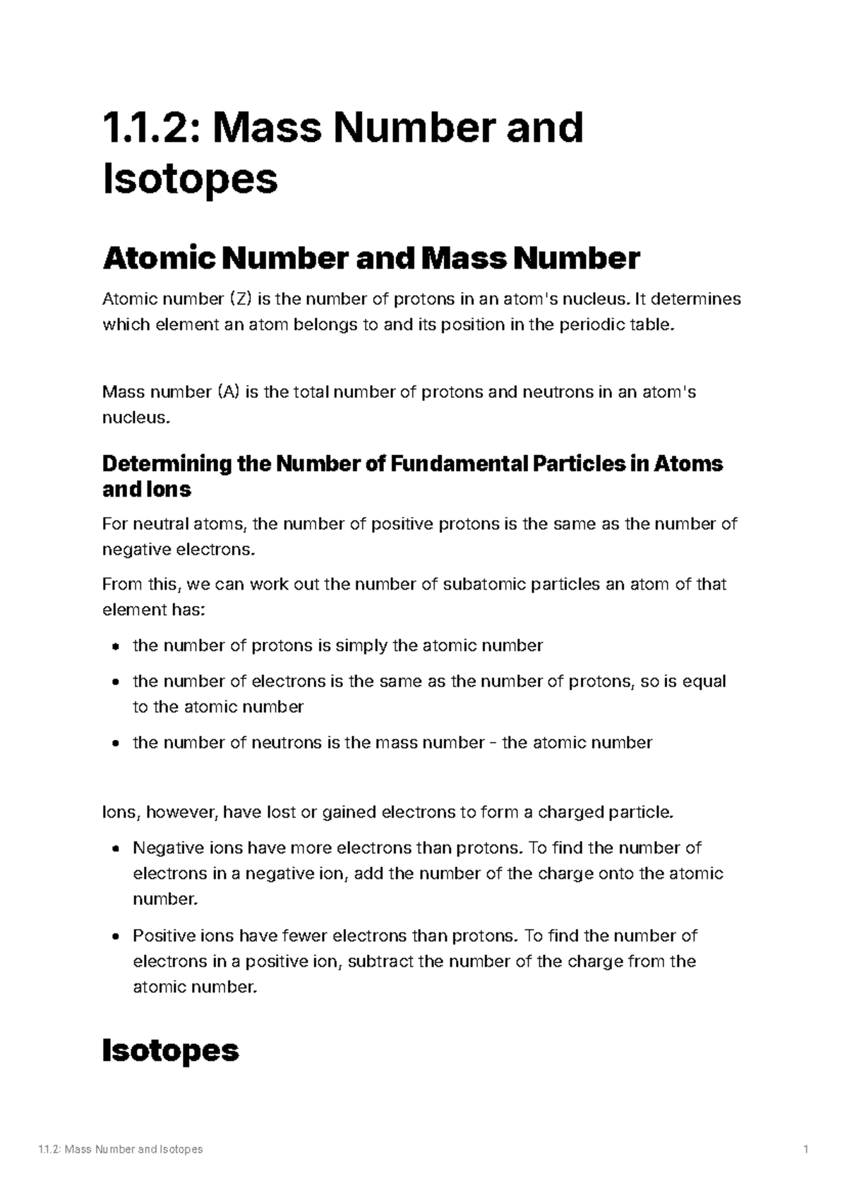 1.1.2: Understanding Mass Number and Isotopes in Atoms - Studocu
