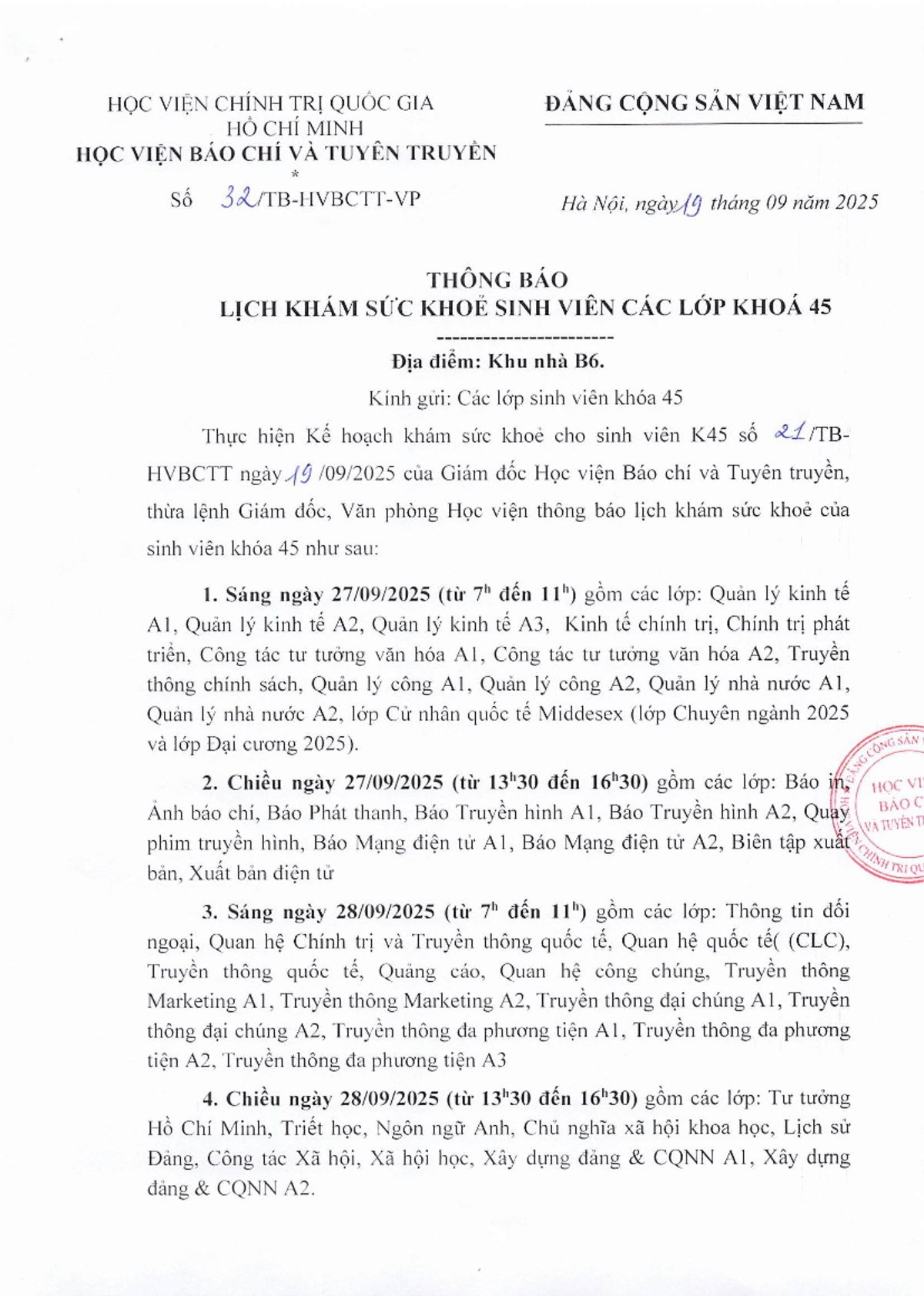 Thông Báo Lịch Khám Sức Khỏe Sinh Viên K45 - Học Viện Báo Chí - Studocu