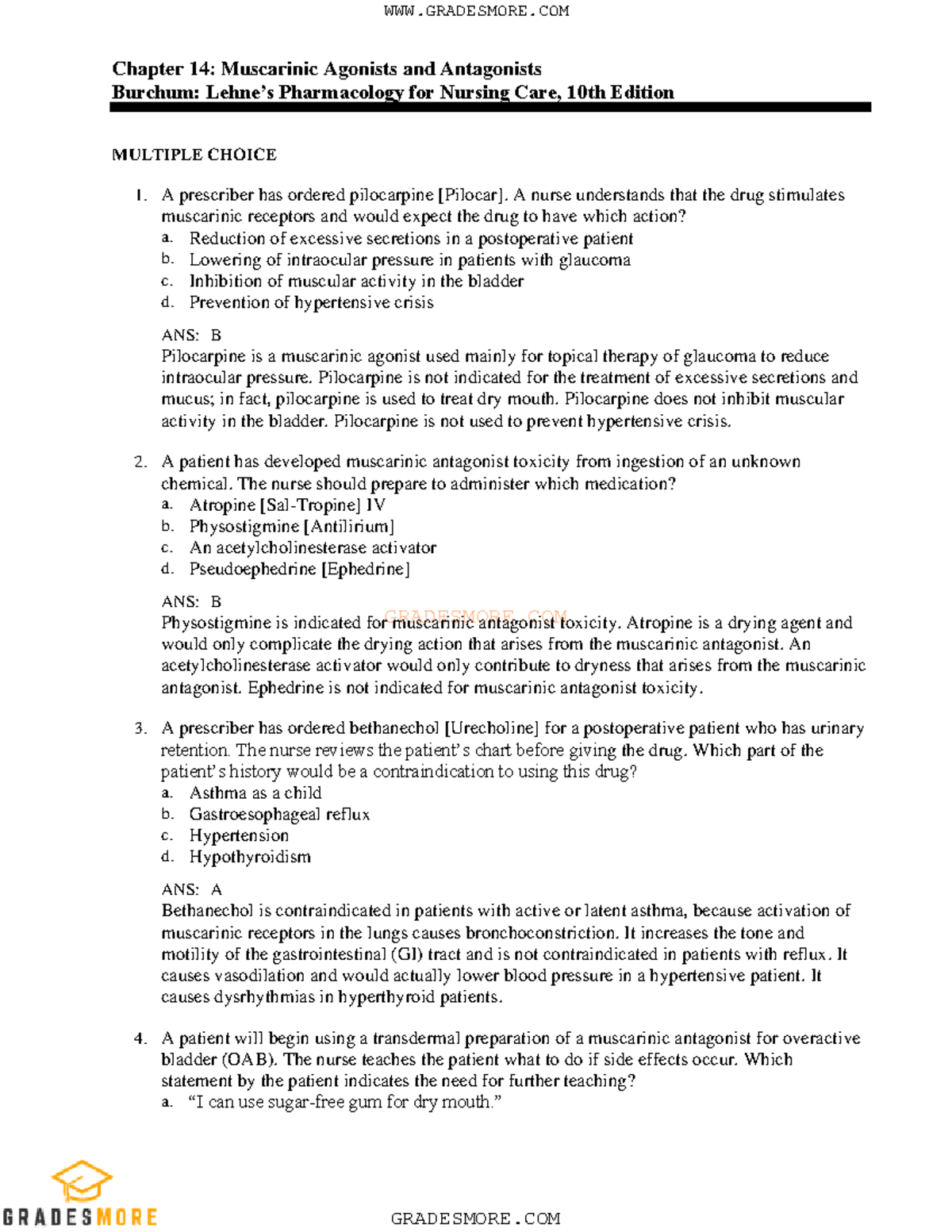 14 - Practice Questions: Muscarinic Agonists & Antagonists Study Guide ...