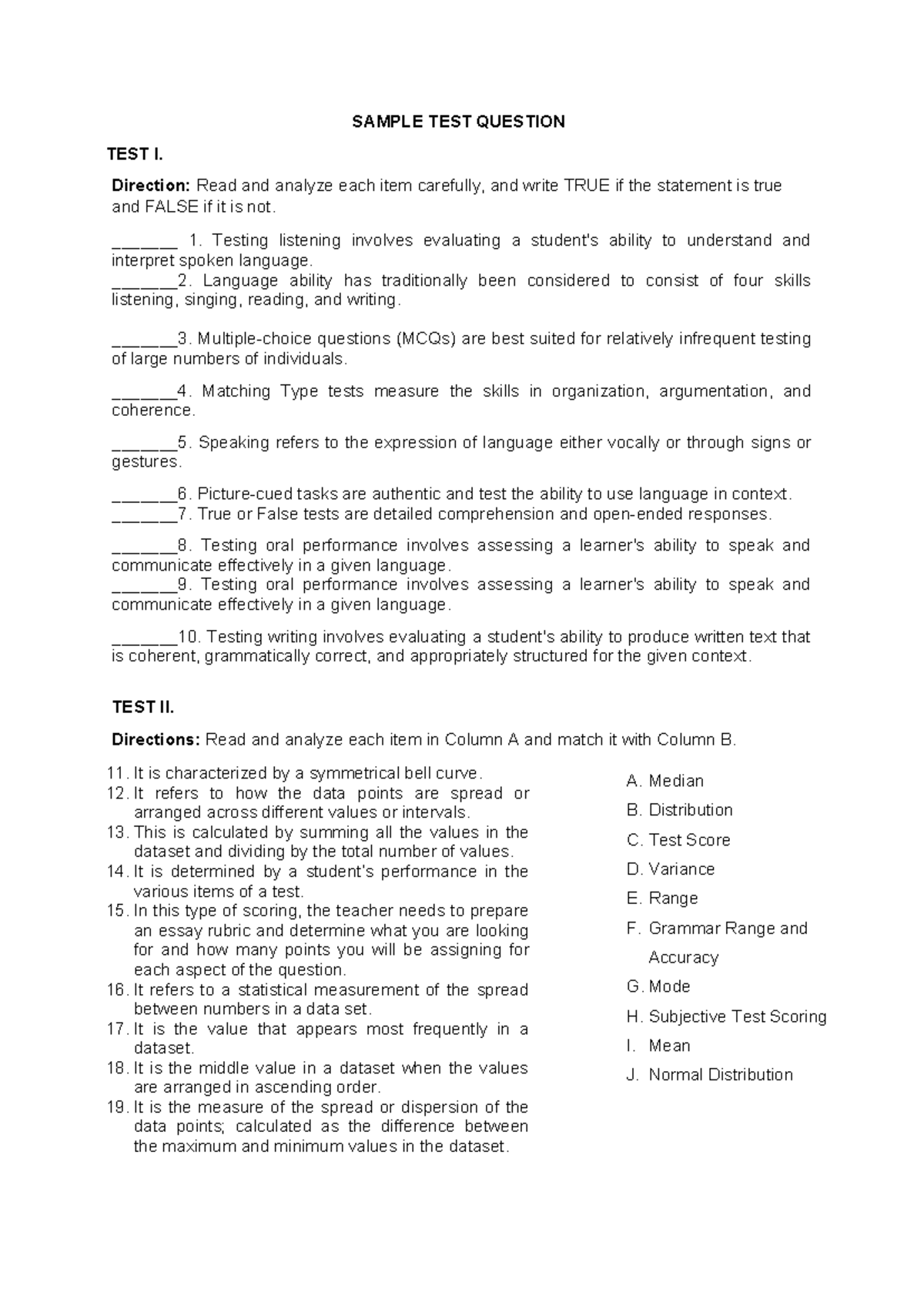 TOS TQ - Sample Test Questions and Item Analysis Overview - Studocu