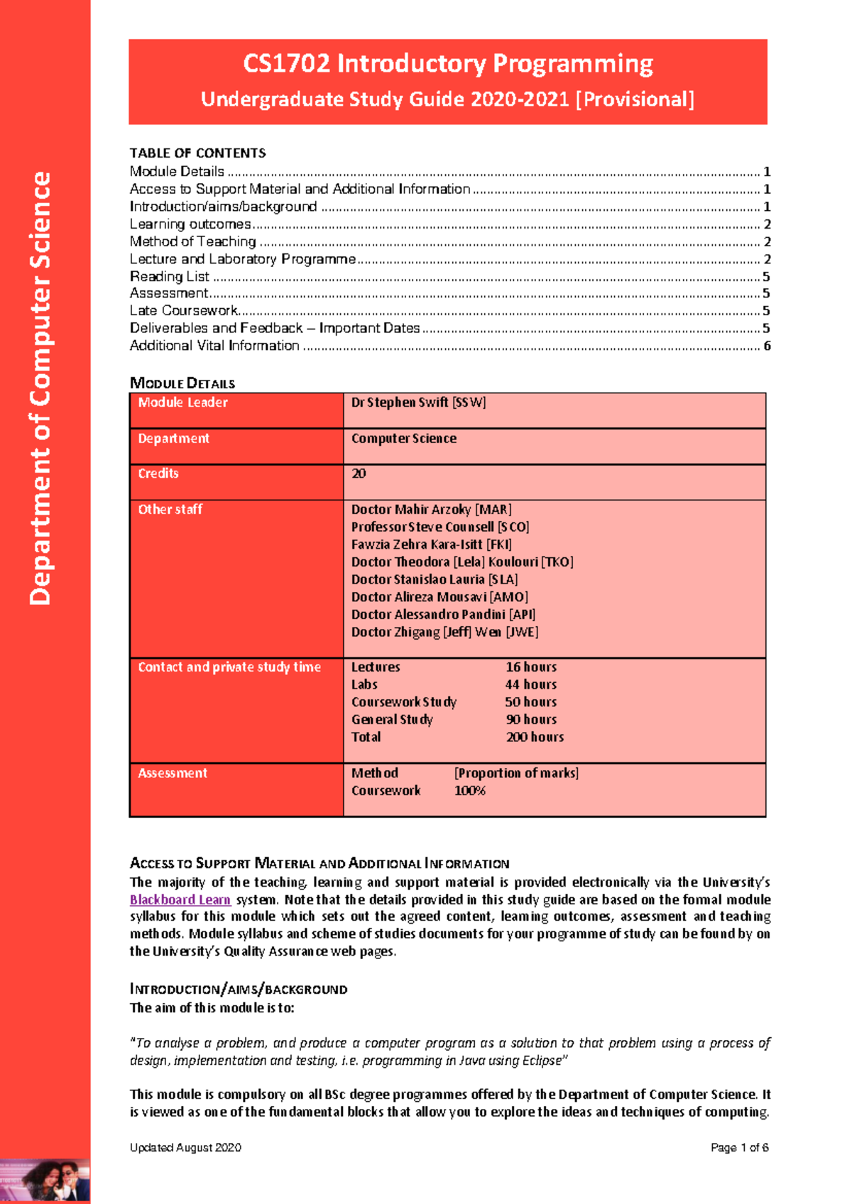 CS1702 Introductory Programming Study Guide 2020-2021 [Provisional ...