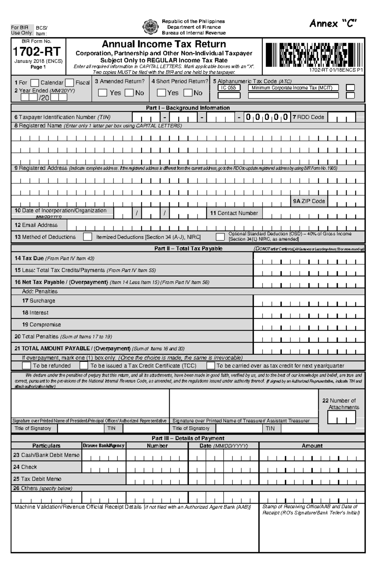 BIR Form 1702-RT: Instructions for Completing Annual Tax Return - Studocu