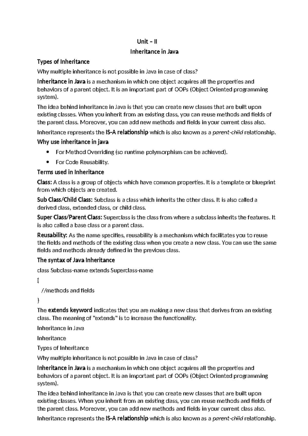 Unit II OOP Concepts in Java: Inheritance and Its Types Explained - Studocu