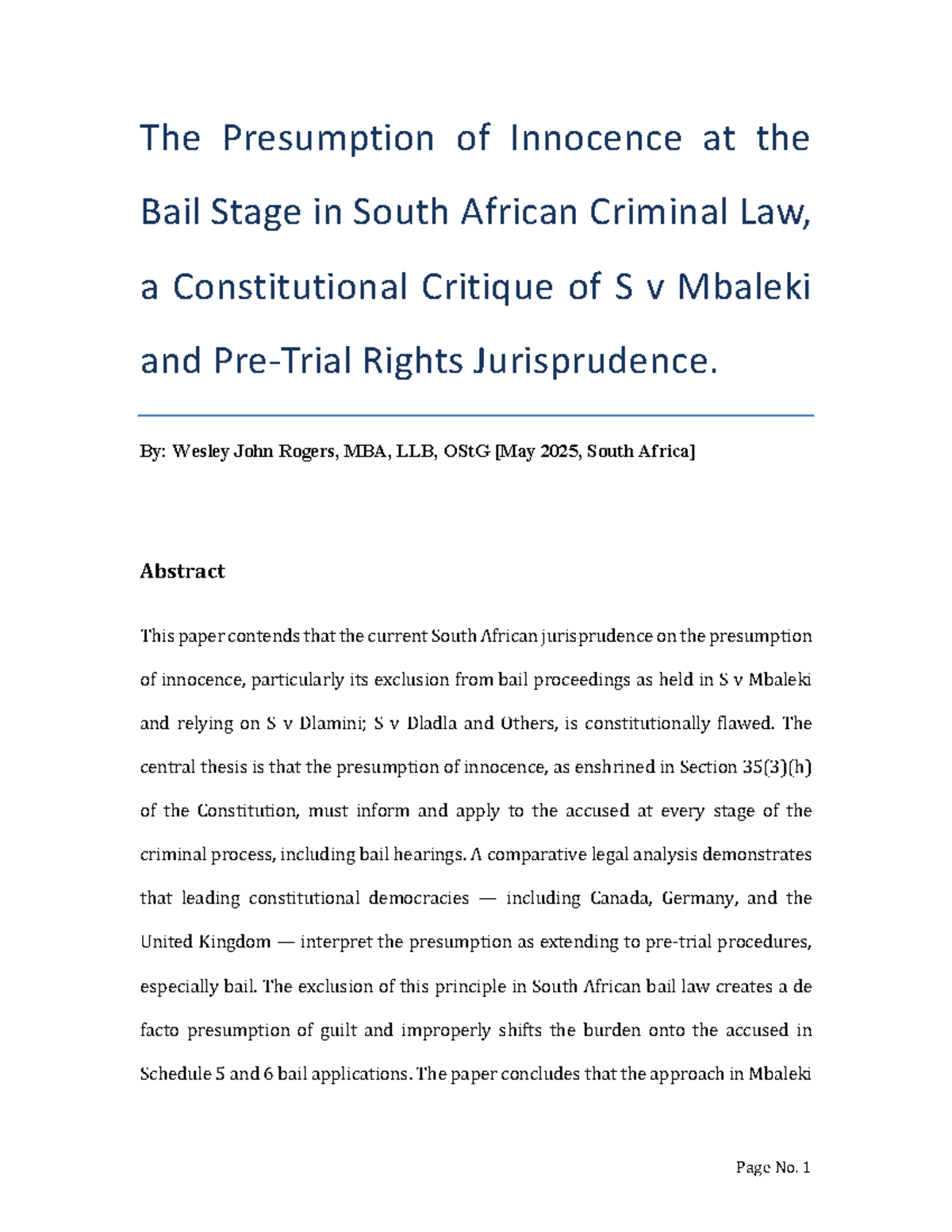 Constitutional Critique of Bail: Presumption of Innocence in SA Law ...
