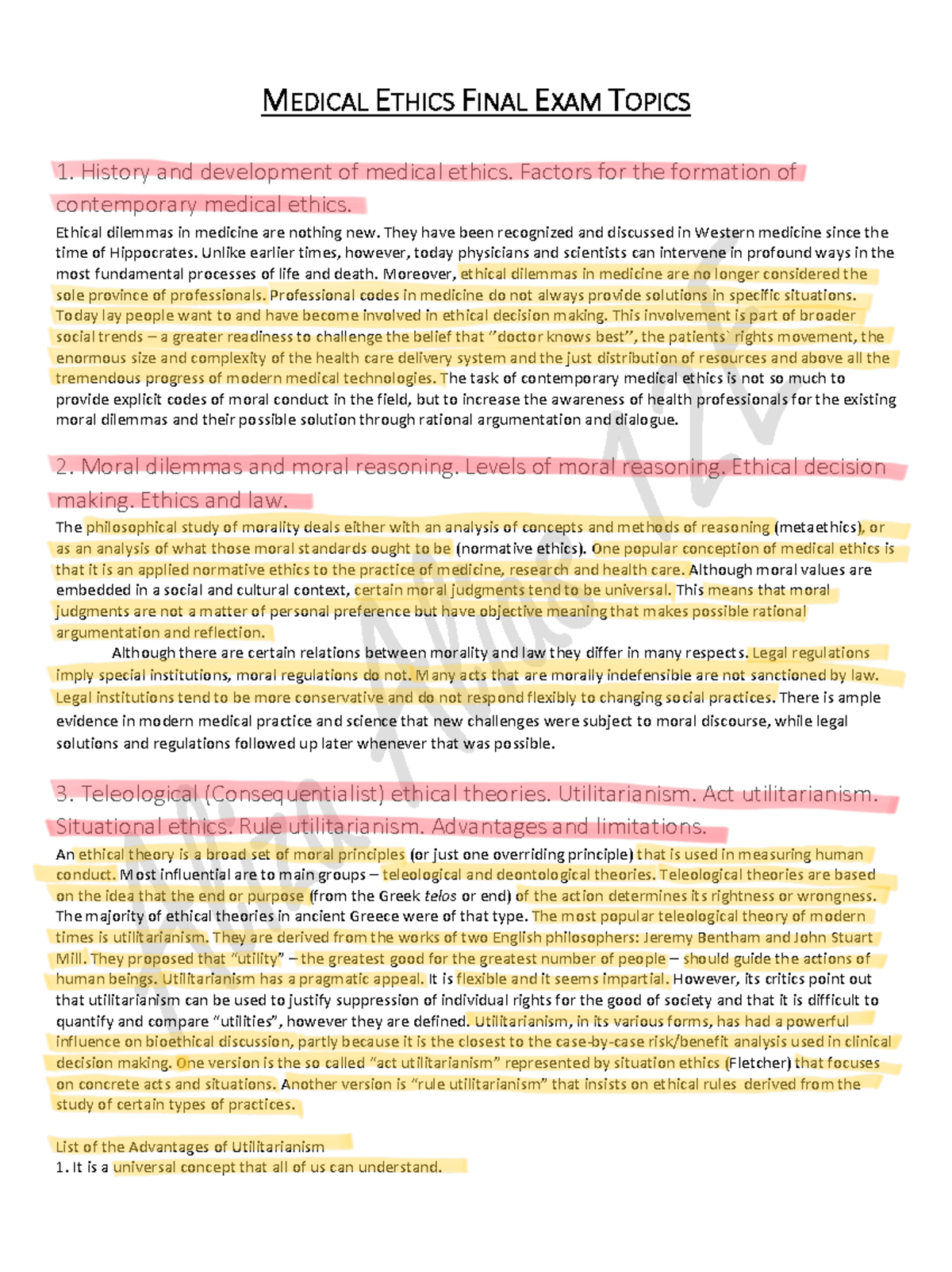 Medical Ethics Final Exam Topics - MEDICAL ETHICS FINAL EXAM TOPICS 1 ...