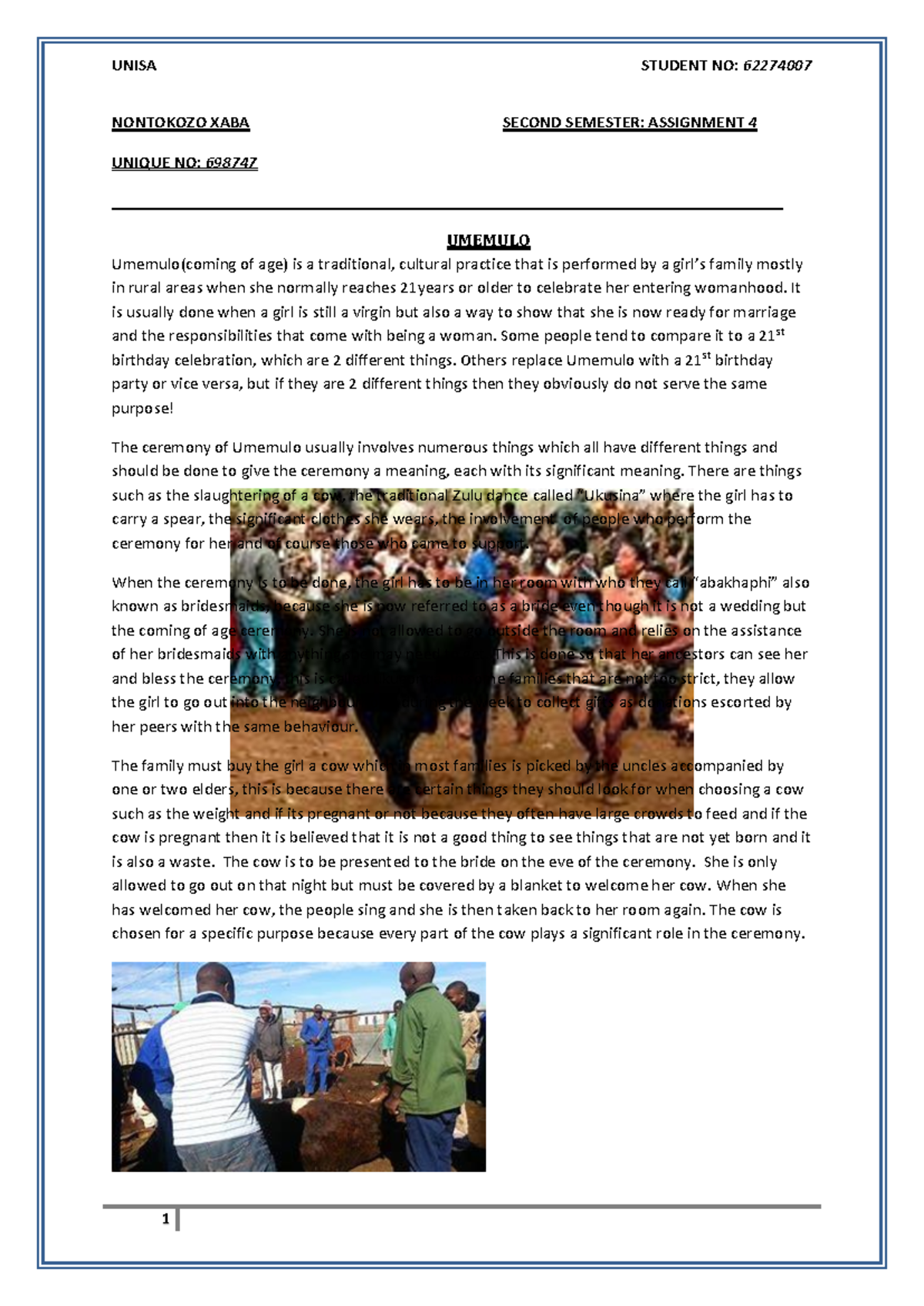 Umemulo: Traditional Coming of Age Ceremony - Assignment 4 - Studocu