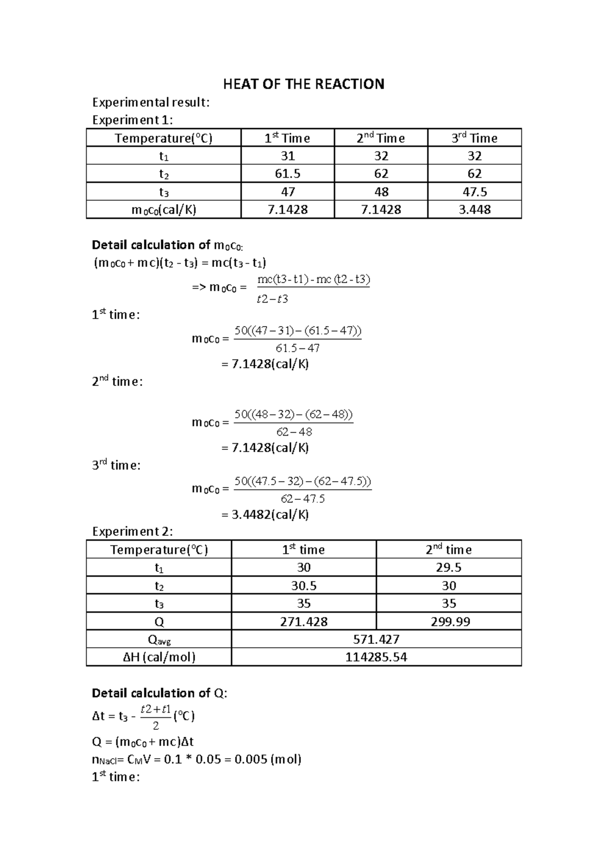 HEAT OF REACTION LAB (Lesson 2) - Experimental Results & Calculations ...