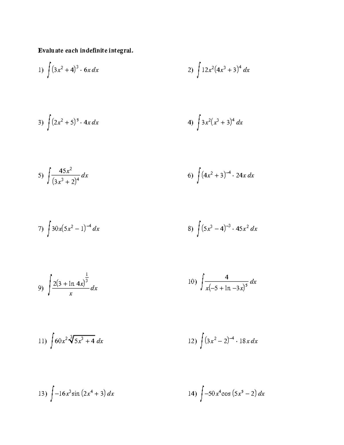 Indefinite Integrals Exercises for Calculus (Course Code: Calculus ...