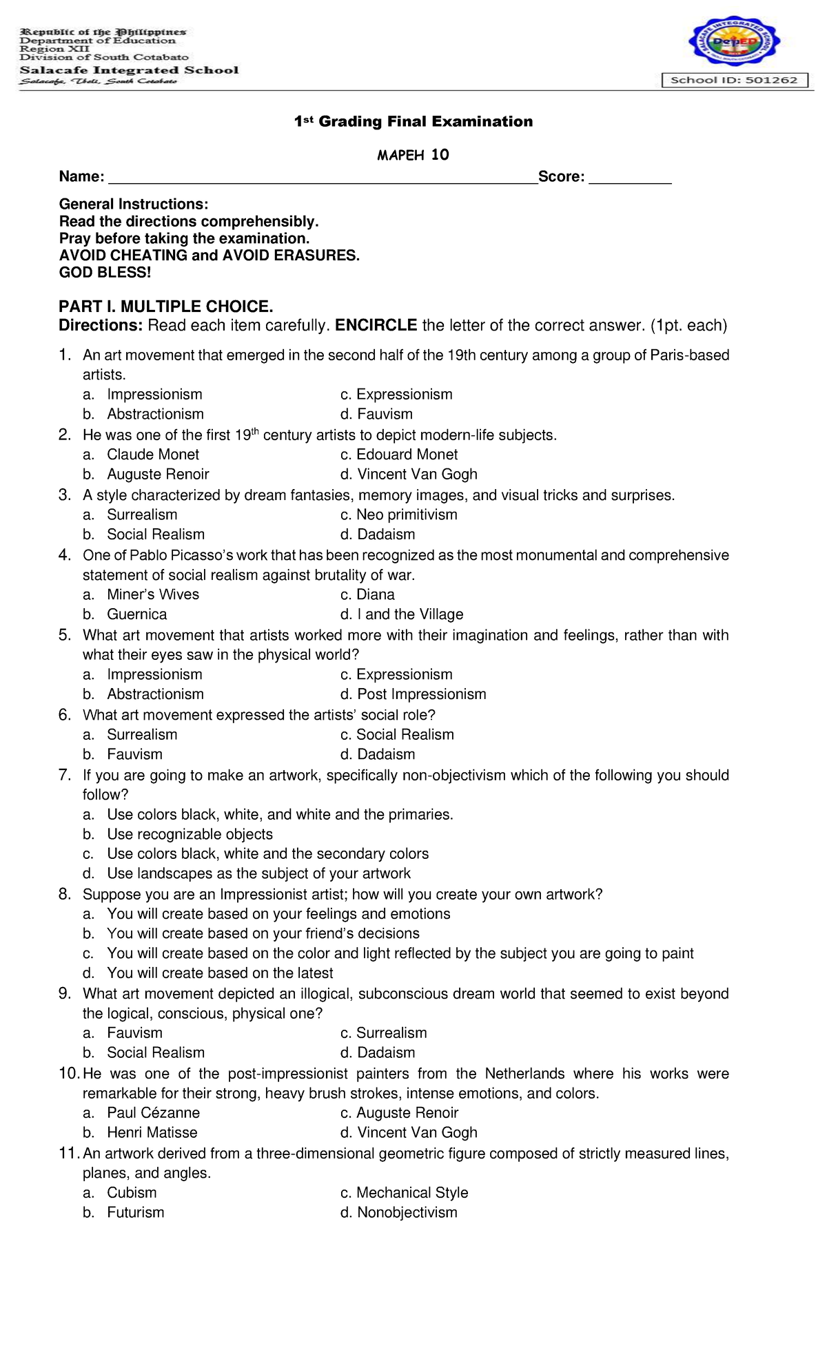 G10 MAPEH 1st Quarter Final Exam Review Guide - Studocu