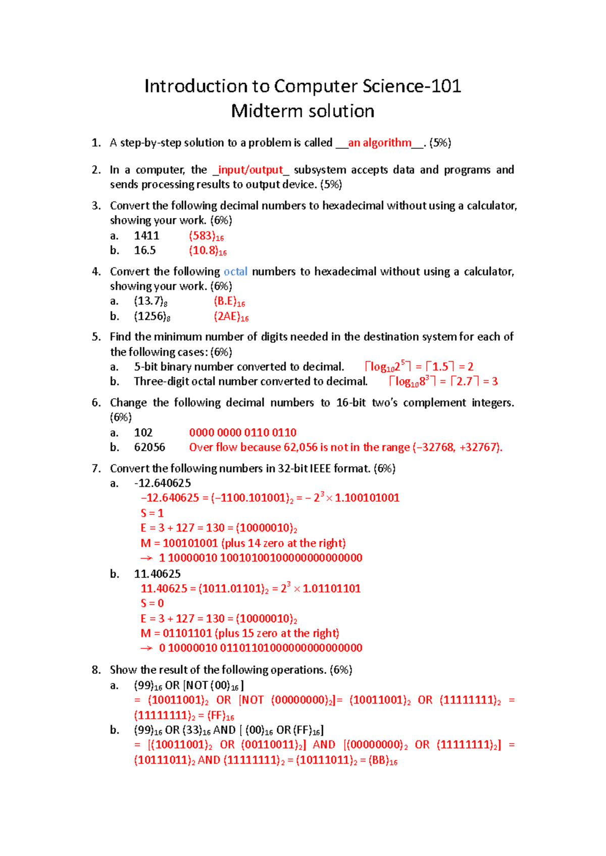 Midterm solution 101 - Introduction to Computer Science- Midterm solution A step-by-step ...