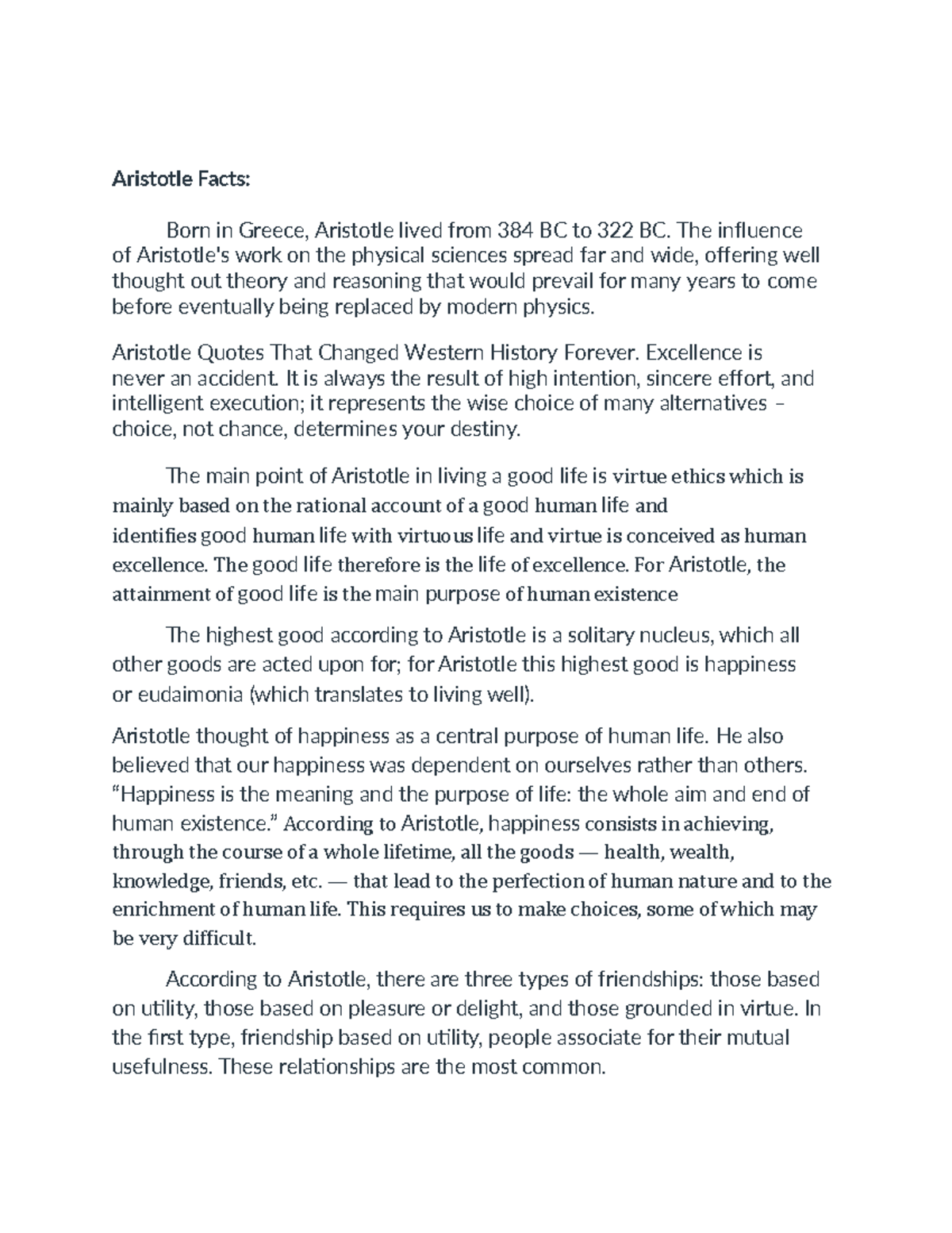 Aristotle - Lecture Notes on Virtue Ethics and Happiness - Studocu