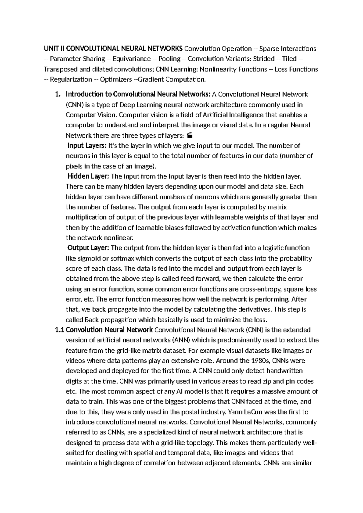 UNIT II: Convolutional Neural Networks - Student Notes - Studocu