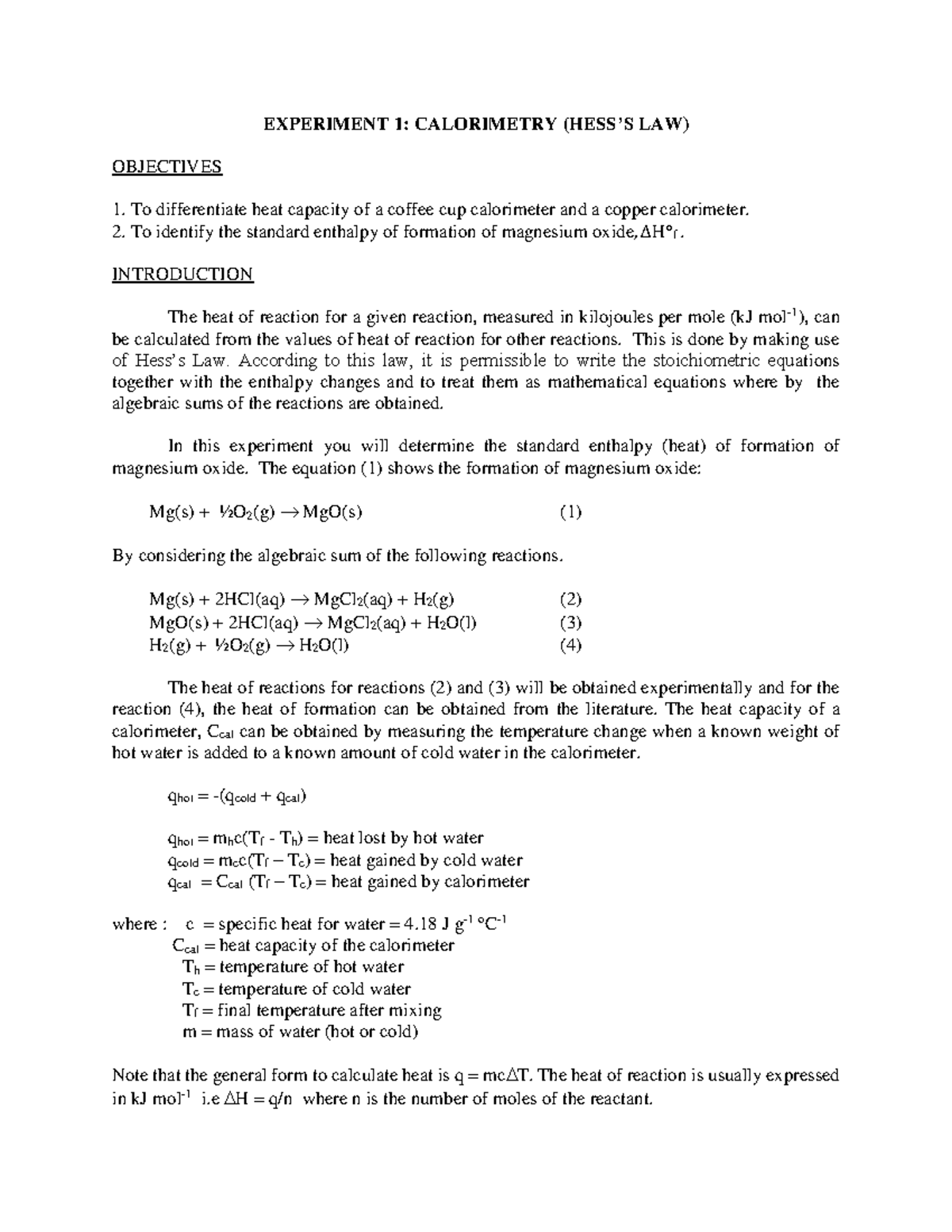 Experiment 1 - Calorimetry (Hess law) - EXPERIMENT 1: CALORIMETRY (HESS ...
