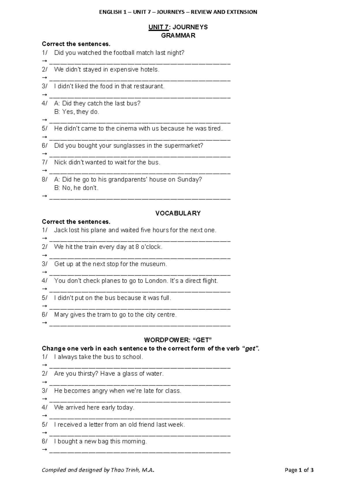 ENG1-U7: Journeys Review & Extension - Grammar & Reading Exercises ...