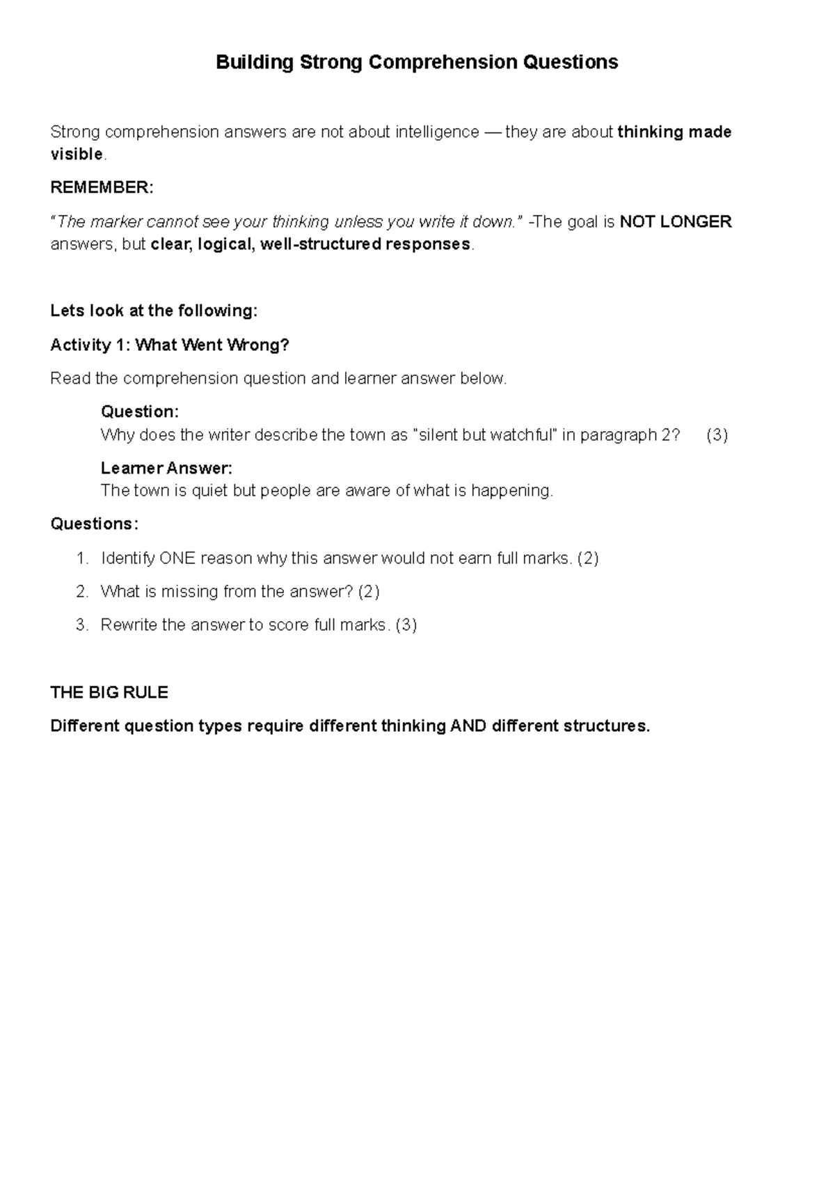Lesson 1: Mastering Comprehension Questions and Answers - Studocu