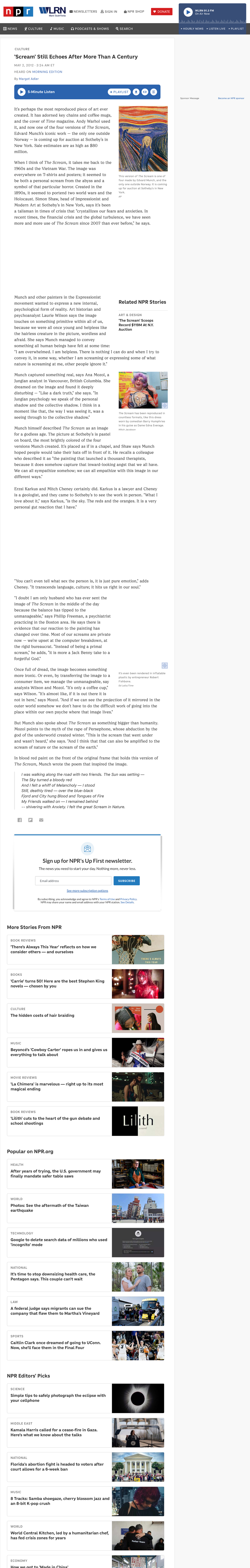 'Scream' Still Echoes After More Than A Century NPR - NEWSLETTERS SIGN ...