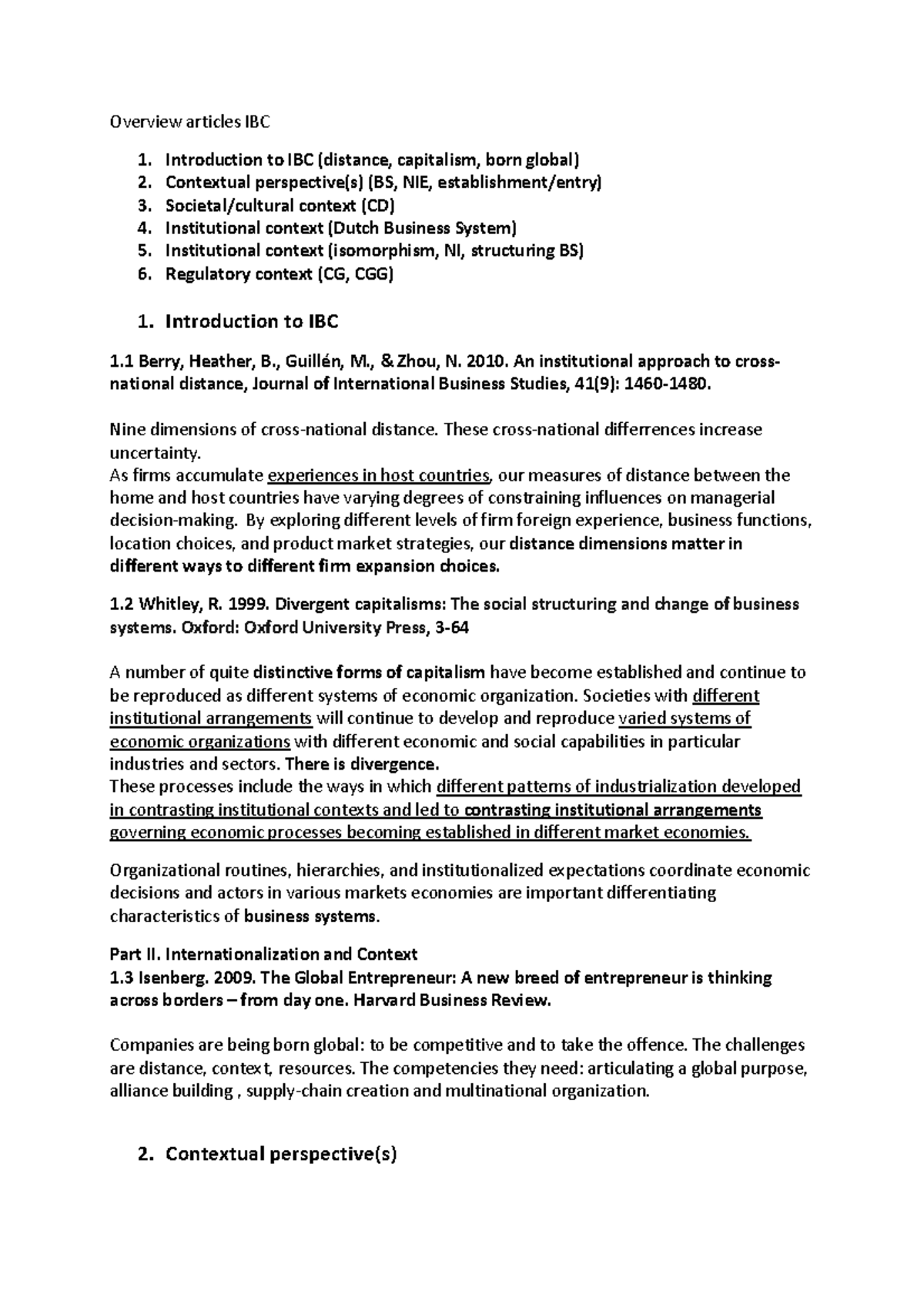 Summary of International Business Context (IBC): Key Articles Analysis ...