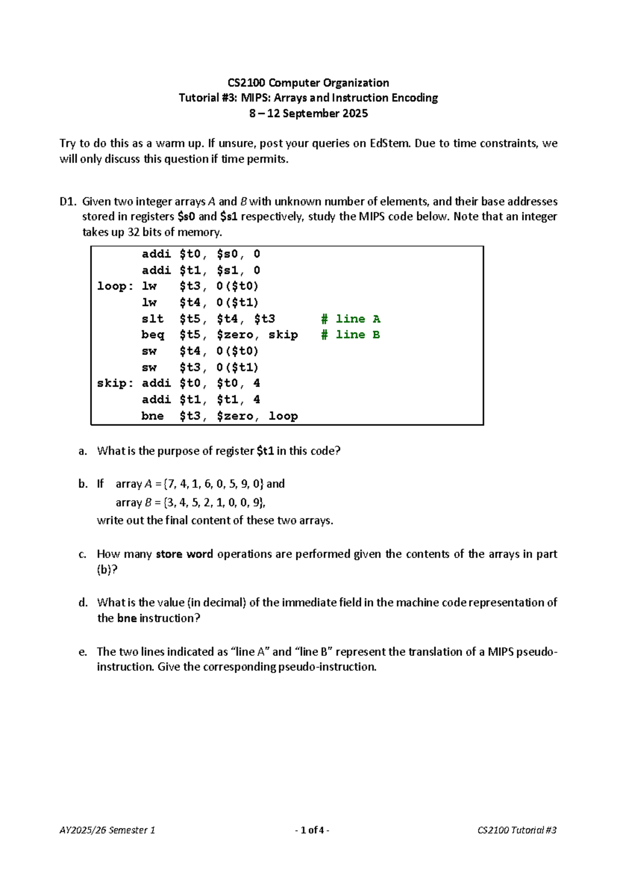 CS2100 Tutorial 03: MIPS Arrays & Instruction Encoding Guide - Studocu