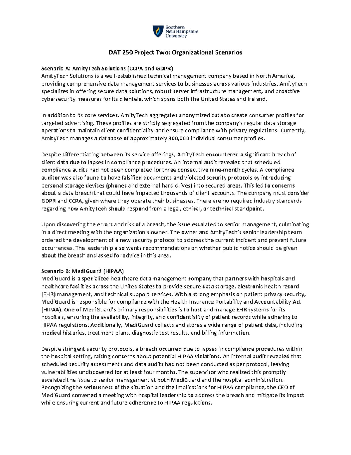 DAT 250 Project Two: Org Scenarios on CCPA, GDPR & HIPAA - Studocu