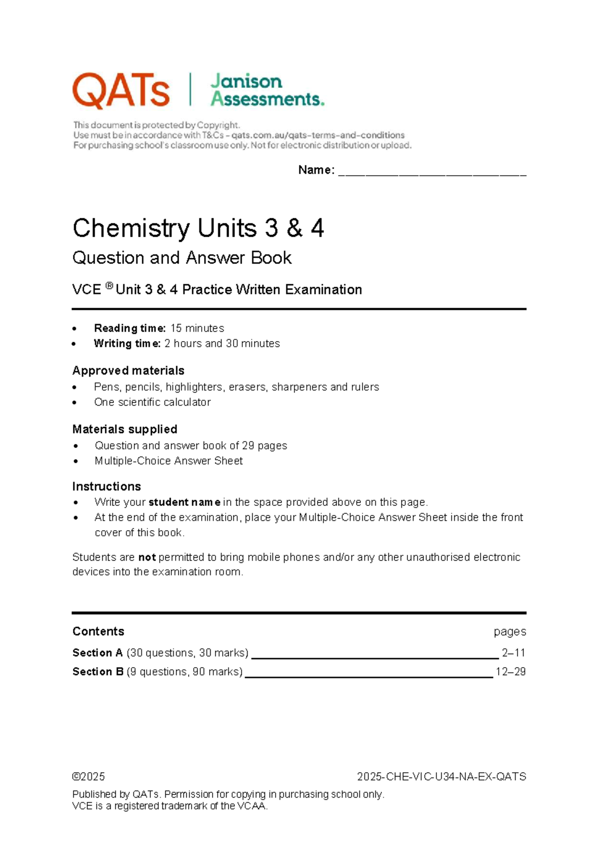 VCE Unit 3 4 Chemistry Practice Exam Questions and Answers - Studocu