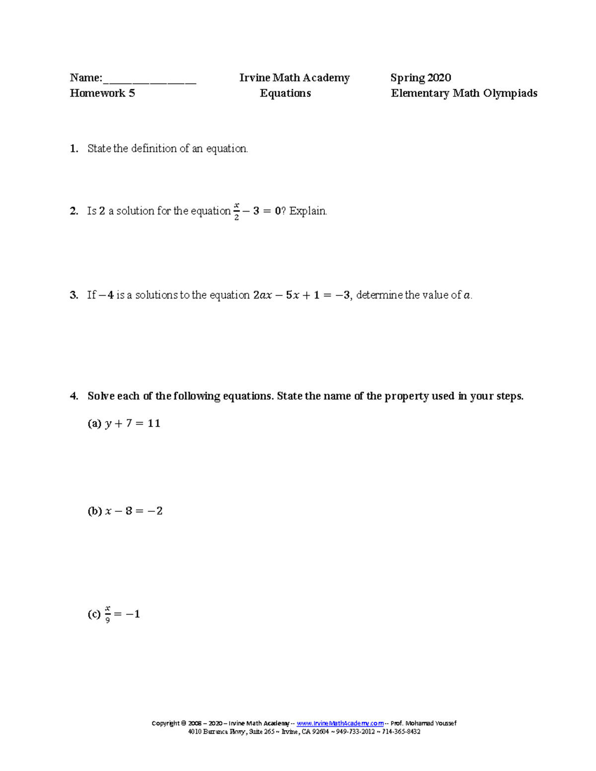 Homework 5: Equations for Elementary Math Olympiads - Summer 2020 - Studocu