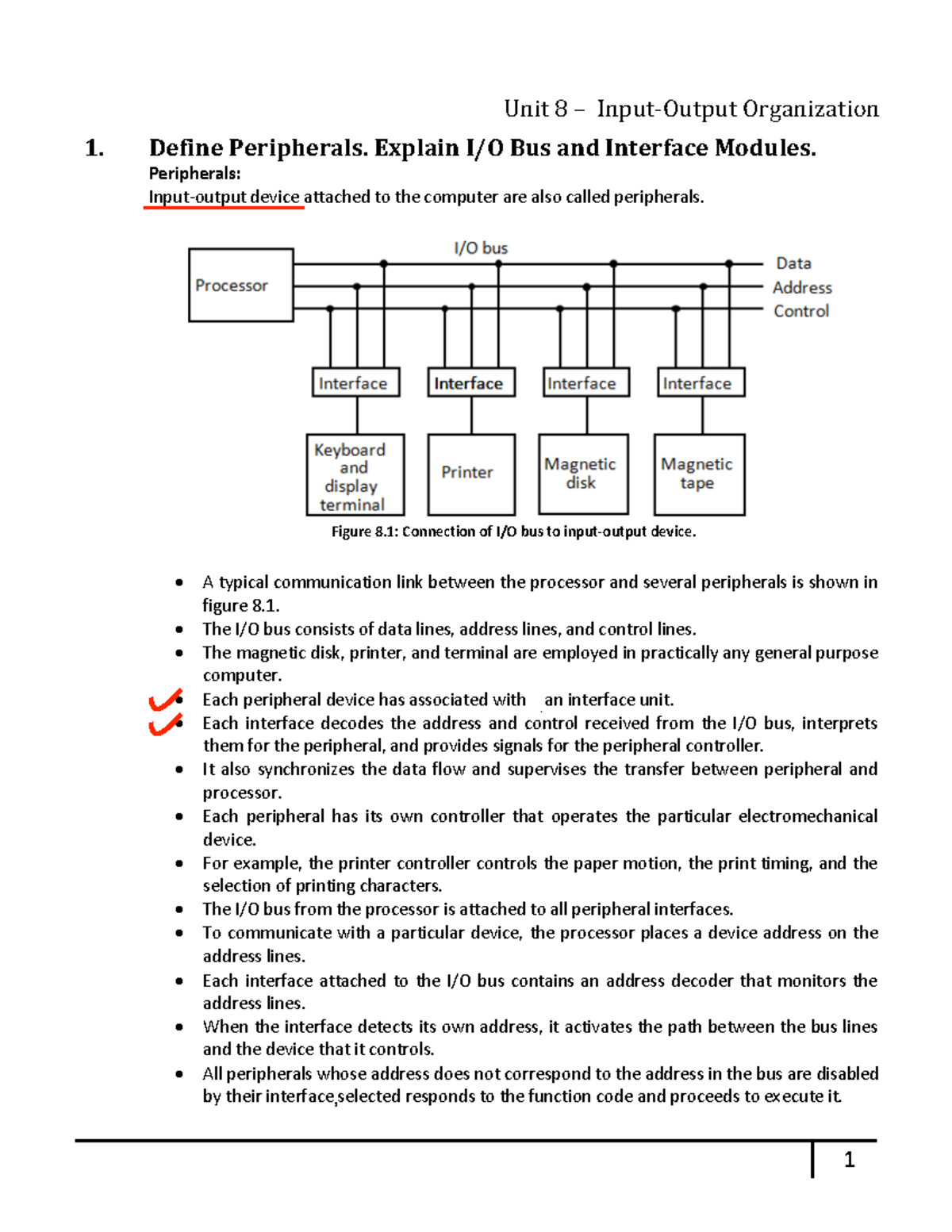 Computer Organization and Architecture(COA)-Input Output Organization - 1. Define Peripherals ...