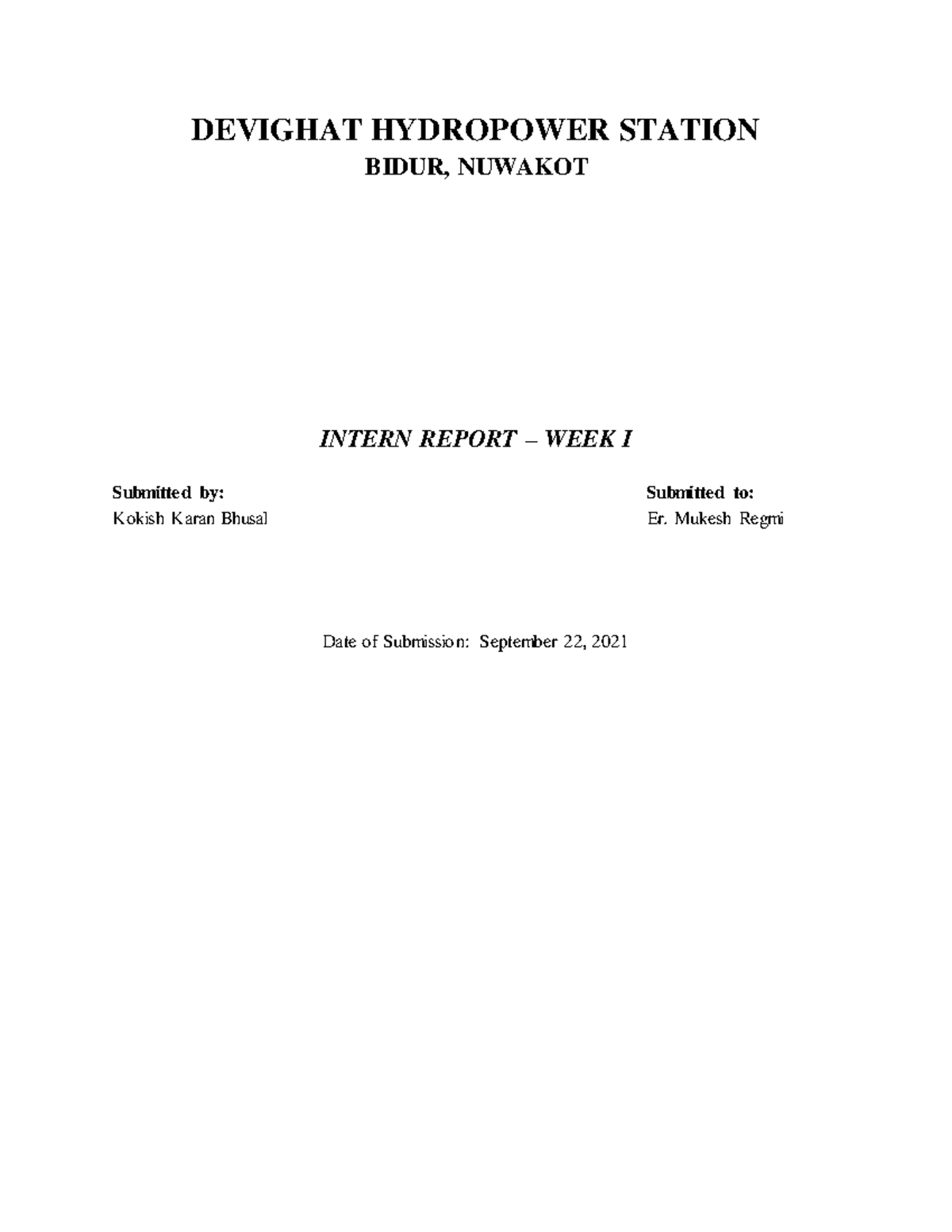 Devighat Hydropower Station Internship Report - Week 1 Overview - Studocu