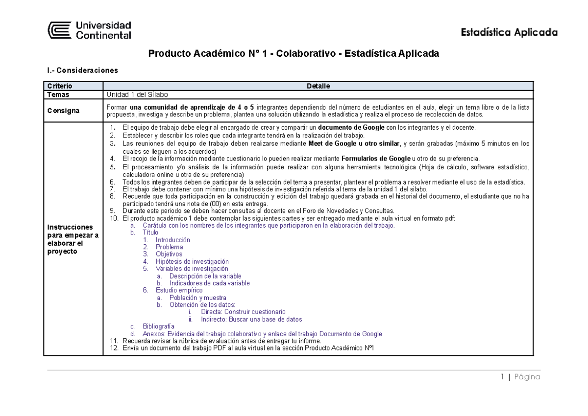 Producto Académico N° 1: Proyecto Colaborativo en Estadística Aplicada - Studocu