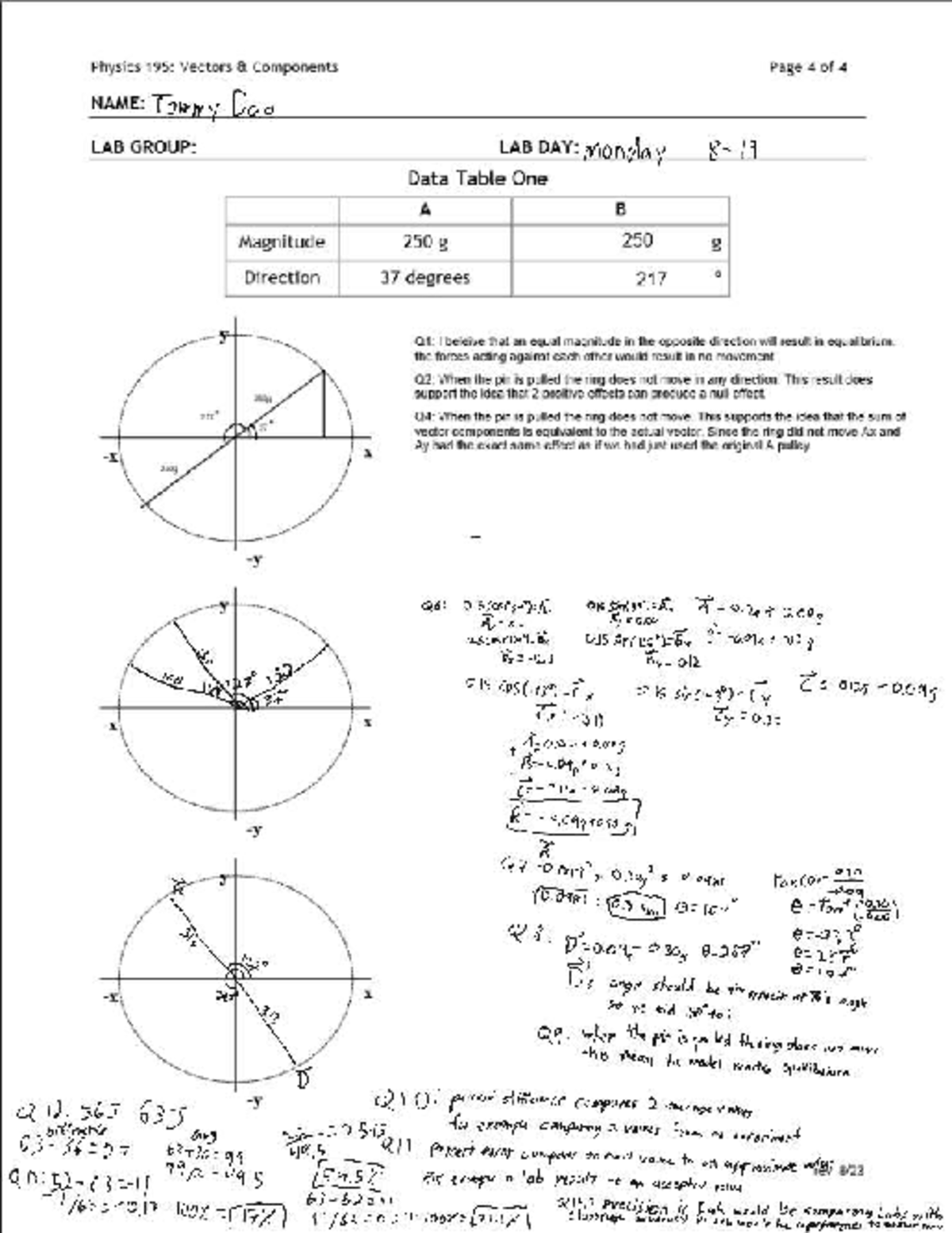 Lab 1 vectors - Physics 195: Vectors Components Page 4 of 4 NAME: Tommy ...