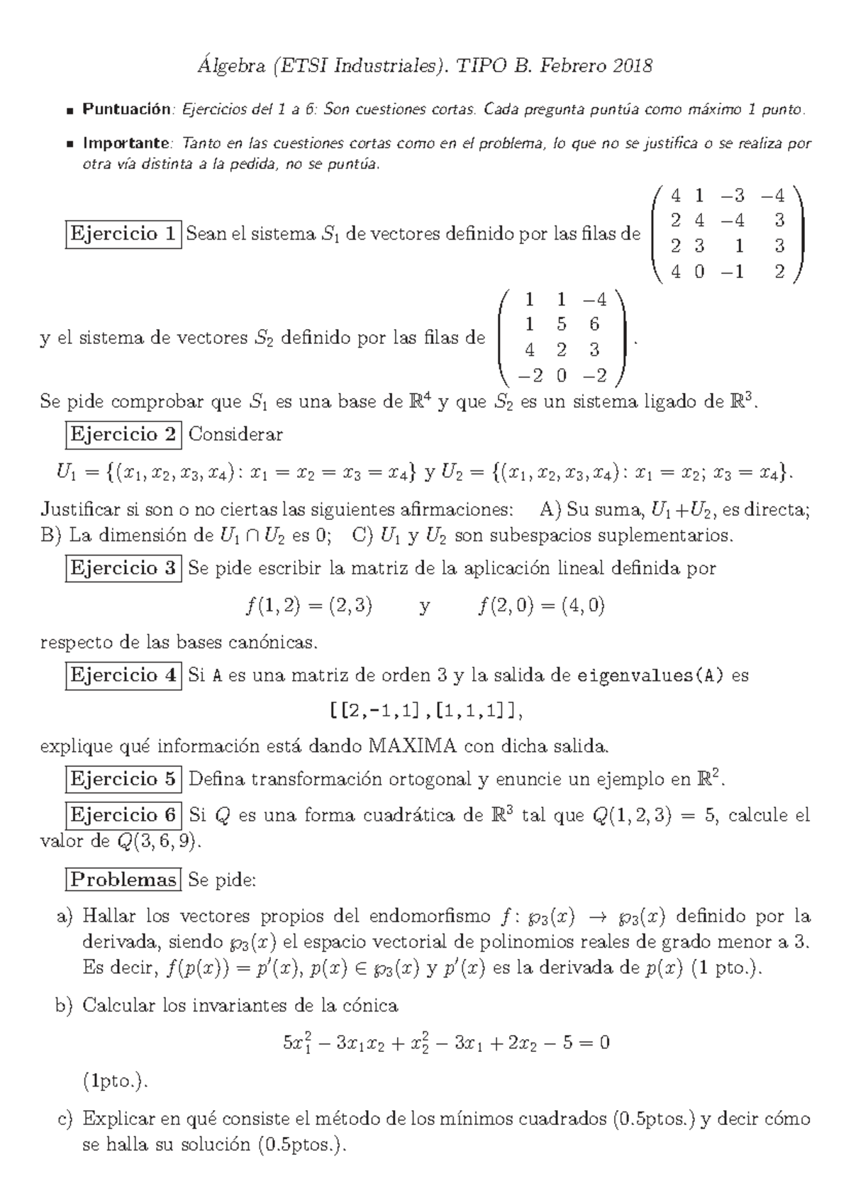Ejercicios Resueltos de Algebra (ETSI Industriales) - Febrero 2018 ...