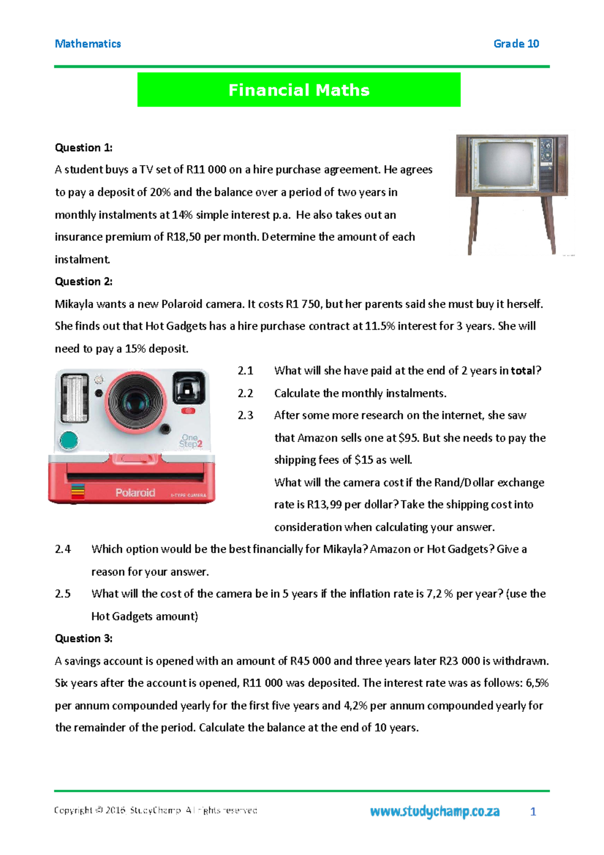 Mathematics Grade 10 Financial Maths Study Guide - Studocu