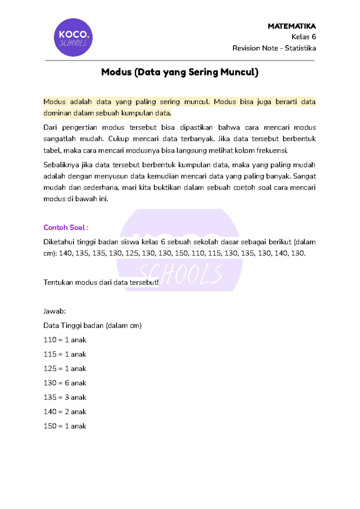 Revision Note - Statistika Kelas 6: Modus, Median, dan Mean - Studocu