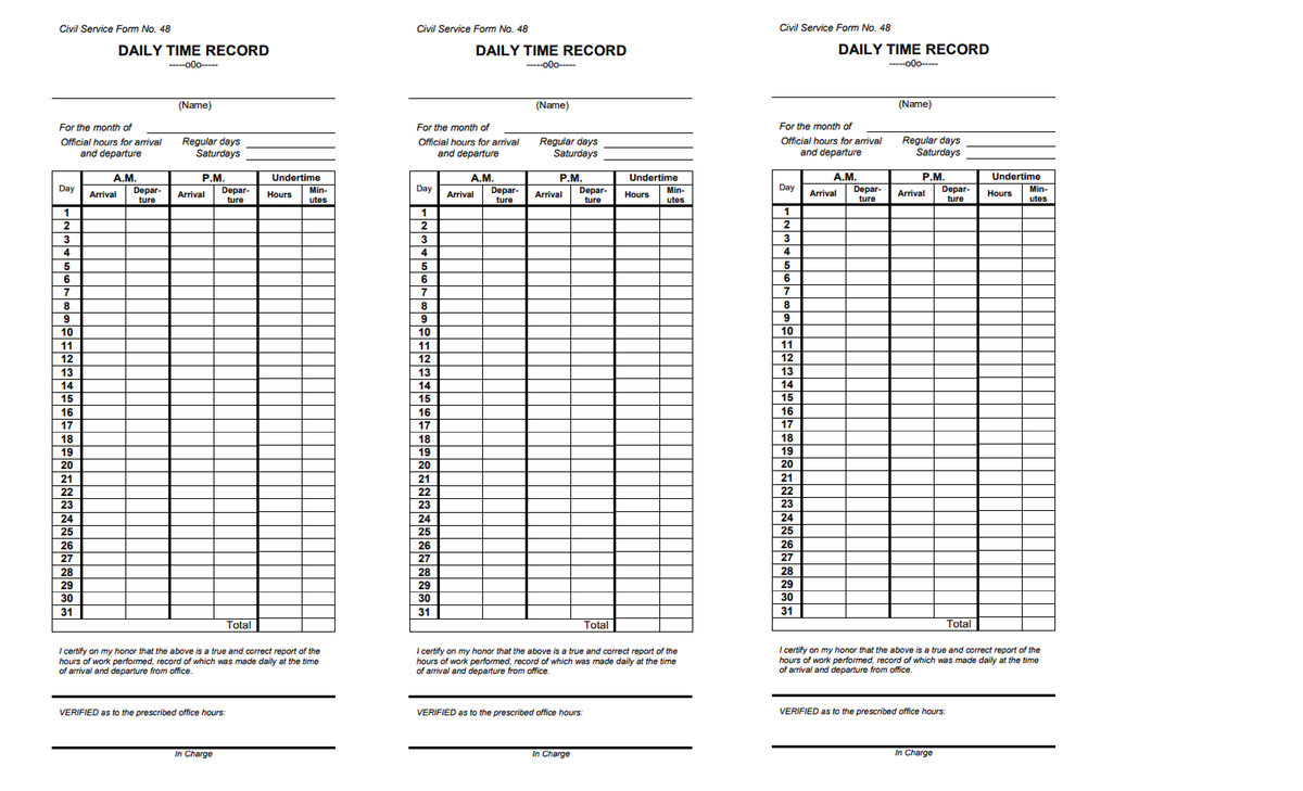 Civil Service Form No. 48: Daily Time Record (DTR) - First Sem - Studocu